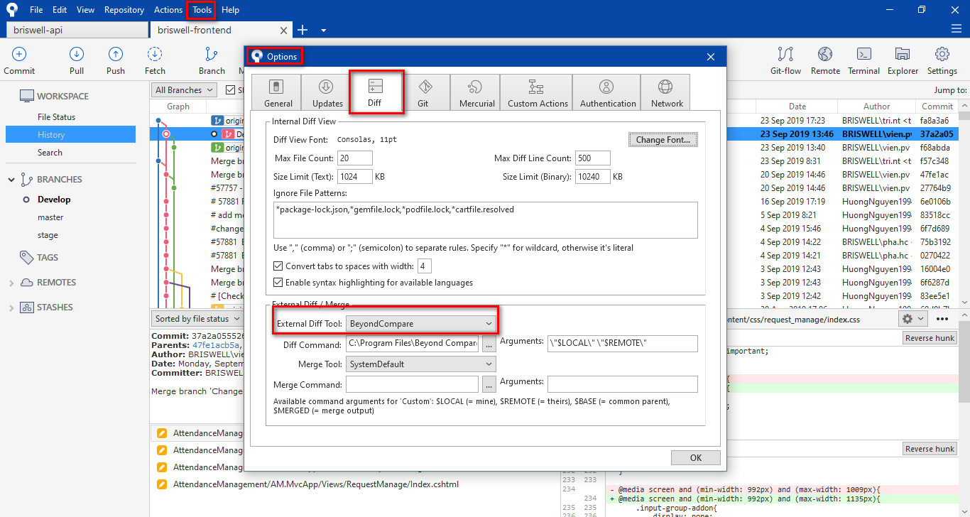 Sử dụng chức năng External Diff trong Sourcetree - Briswell Vietnam